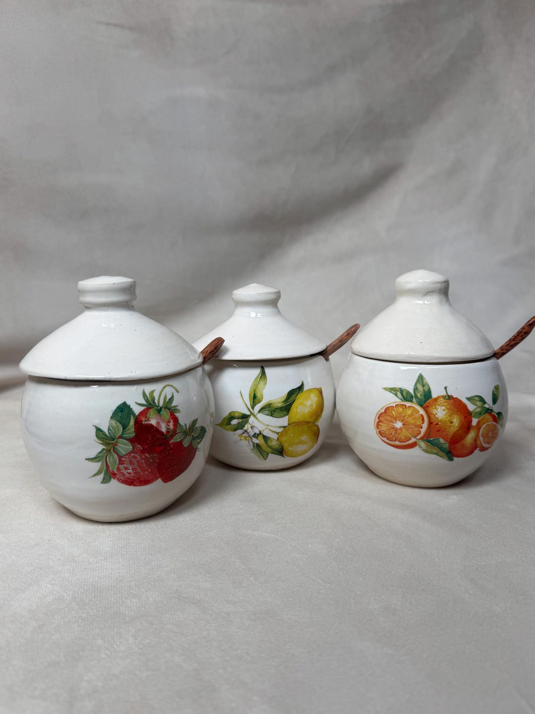 Jam/jelly Jar Set (3) | Handmade, Ceramic | White Glaze, Overglaze ...