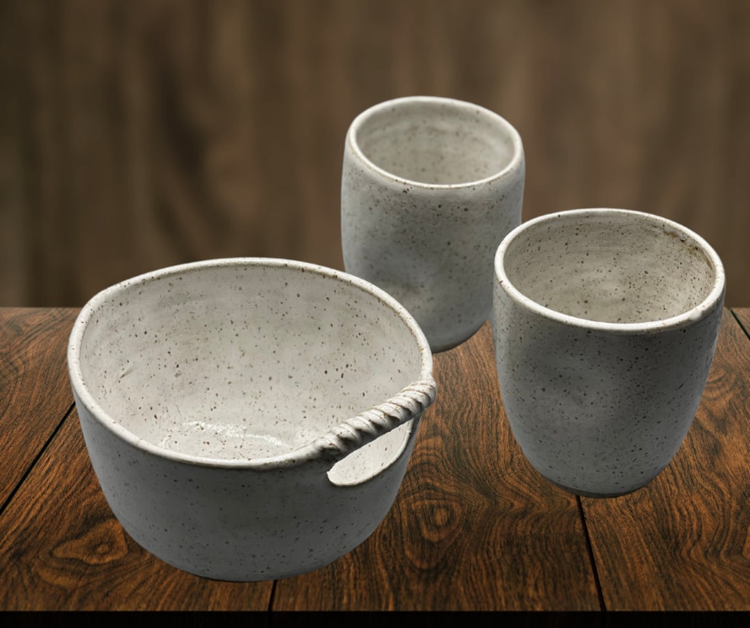 Rustic Ceramic Matcha Bowl With 2 Handleless Mugs | Creamy White Glaze ...