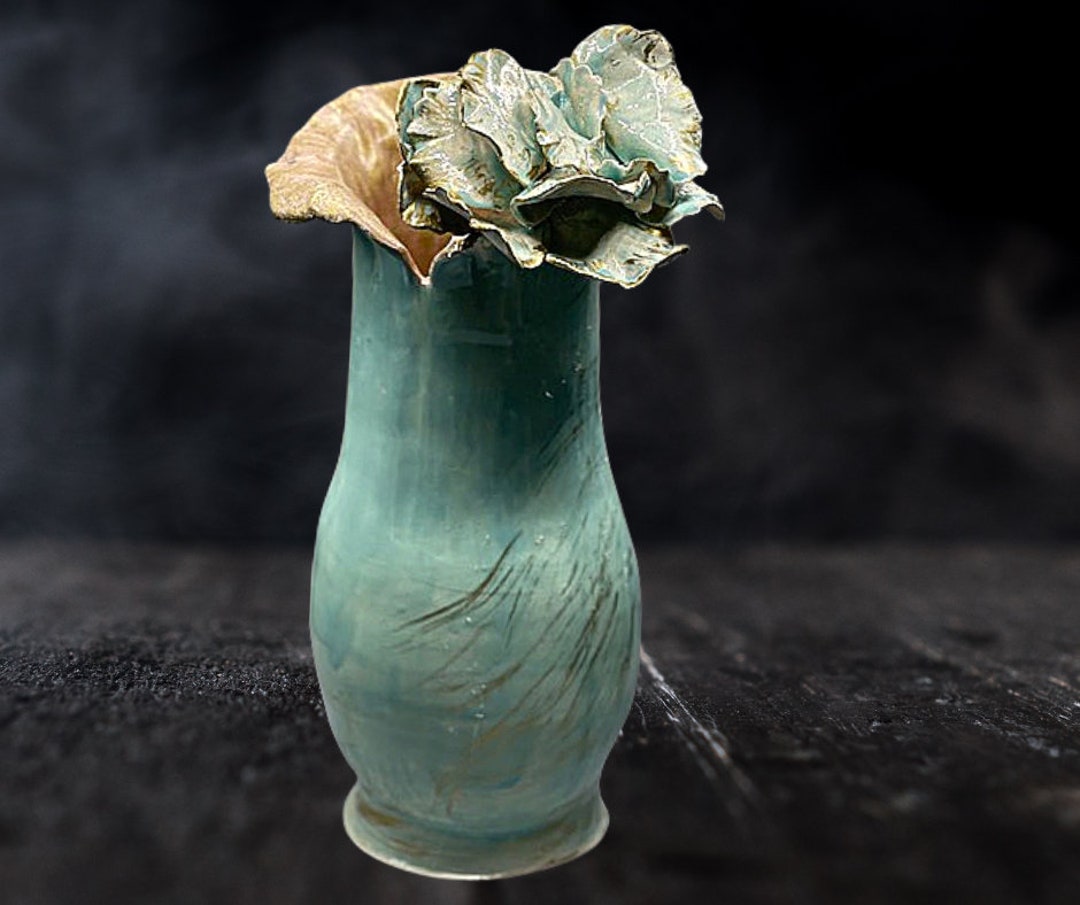 Extra Tall Floral Vase Organic Lip Turquoise Glaze, Gold Gilding Large ...