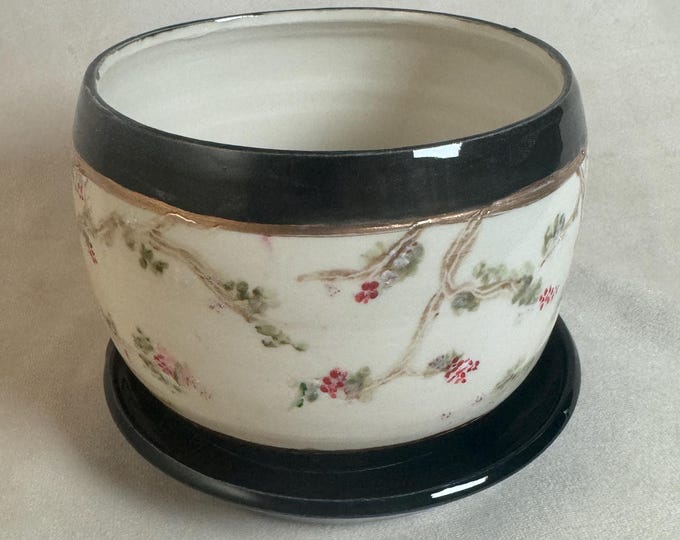 Asian Round Planter, 5.5"x4.75" | Ceramic, Handmade | Black, Beige ...