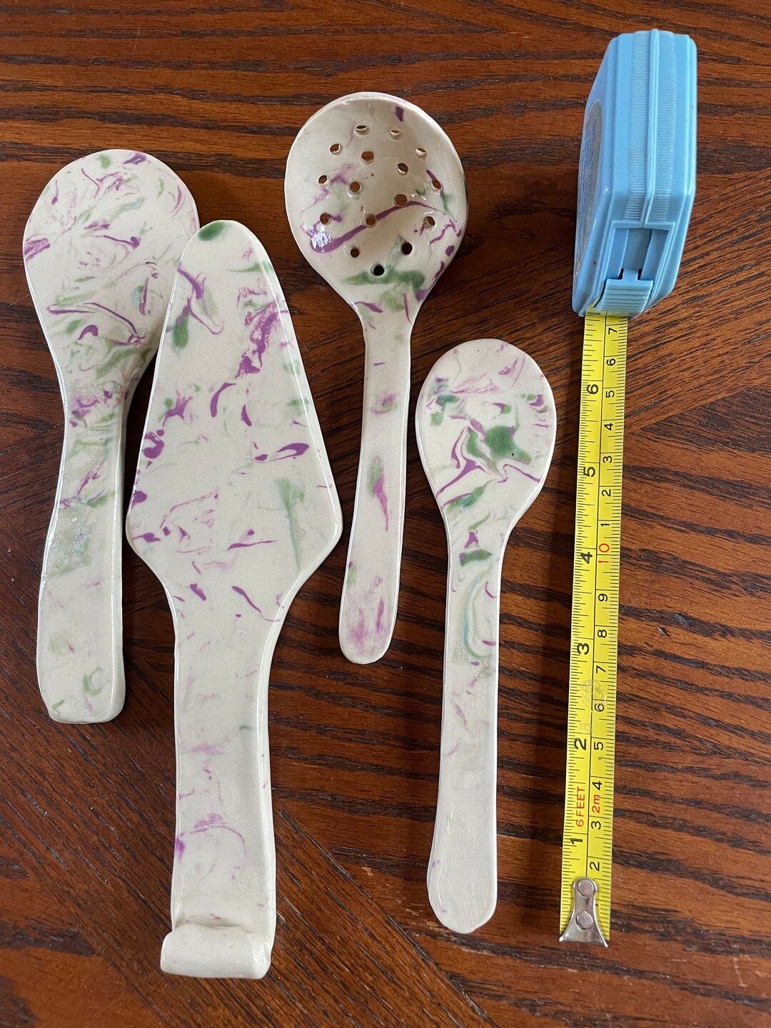 Hand Built Ceramic Spoon Set | Set of 4 Varied Sizes | White/green ...