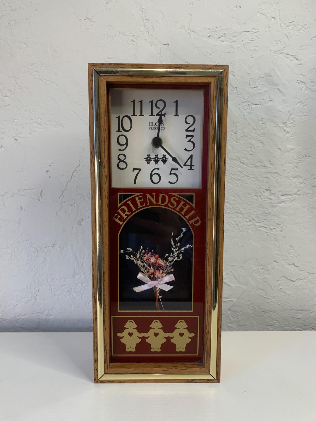 Vintage Elgin Friendship Wood Clock Etched Glass Front Floral Design ...