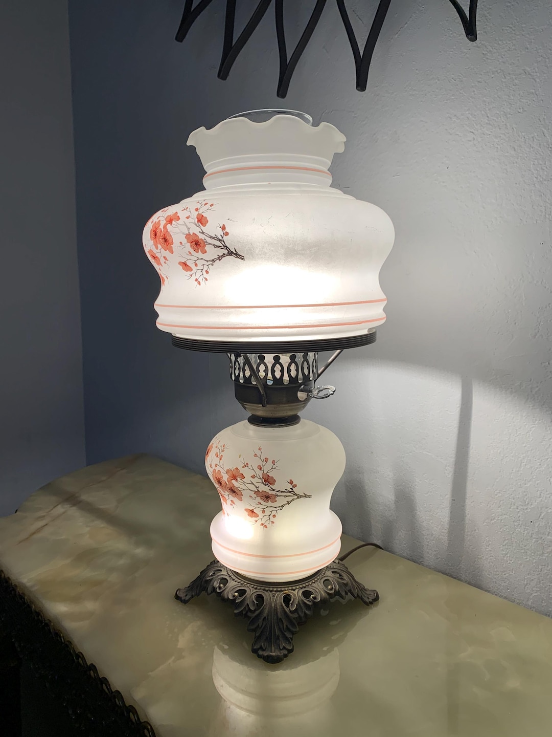 Vintage Mid Century Hurricane Lamp Working 3 Way Lamp Beautiful Floral ...