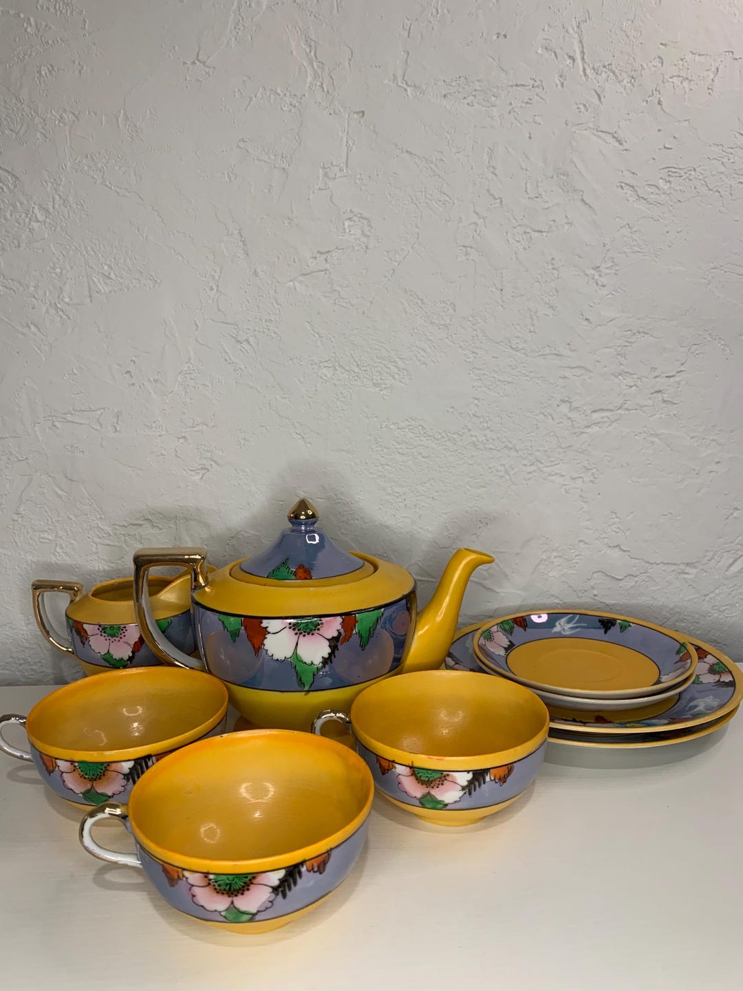 Antique Japanese Lusterware Tea Set Yellow and Flower Patterned ...