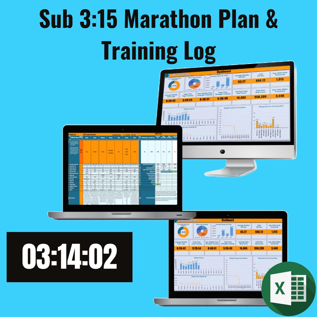 Sub 3:15 Marathon Training Plan | 16-week Excel Log | Running Tracker ...