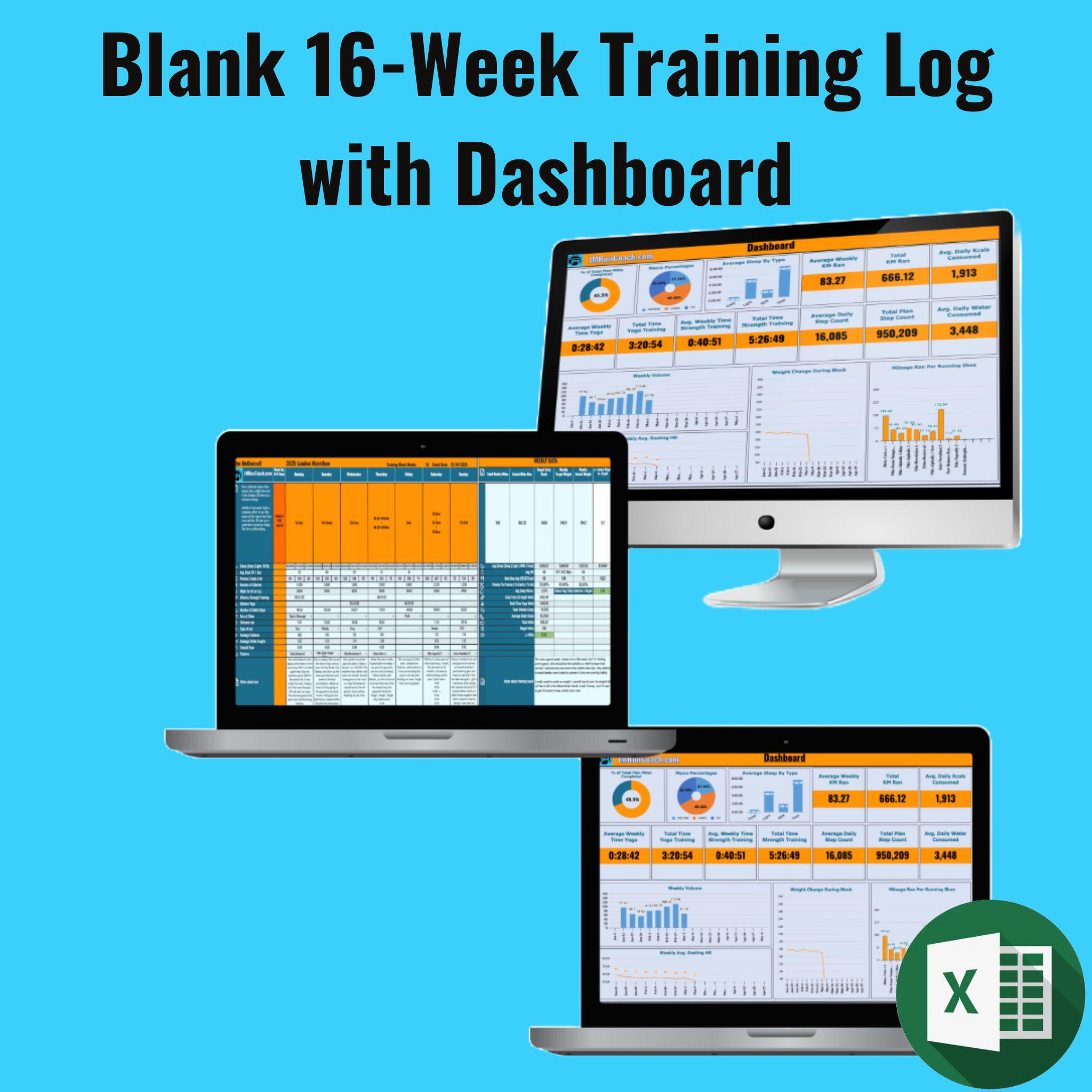 Marathon Training Log | 16-week Excel Log | Running Tracker & Dashboard ...