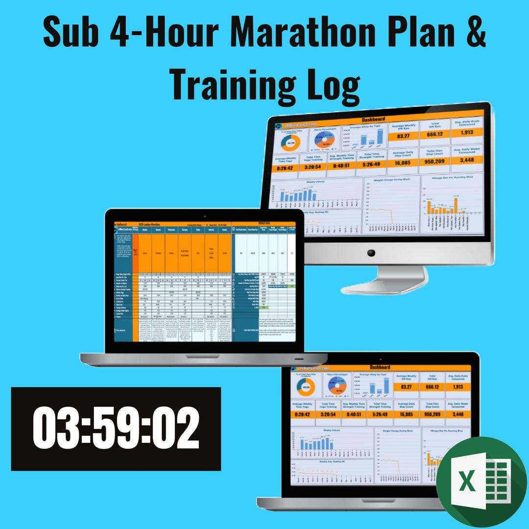 Sub 4-hour Marathon Training Plan | 16-week Excel Log | Running Tracker ...