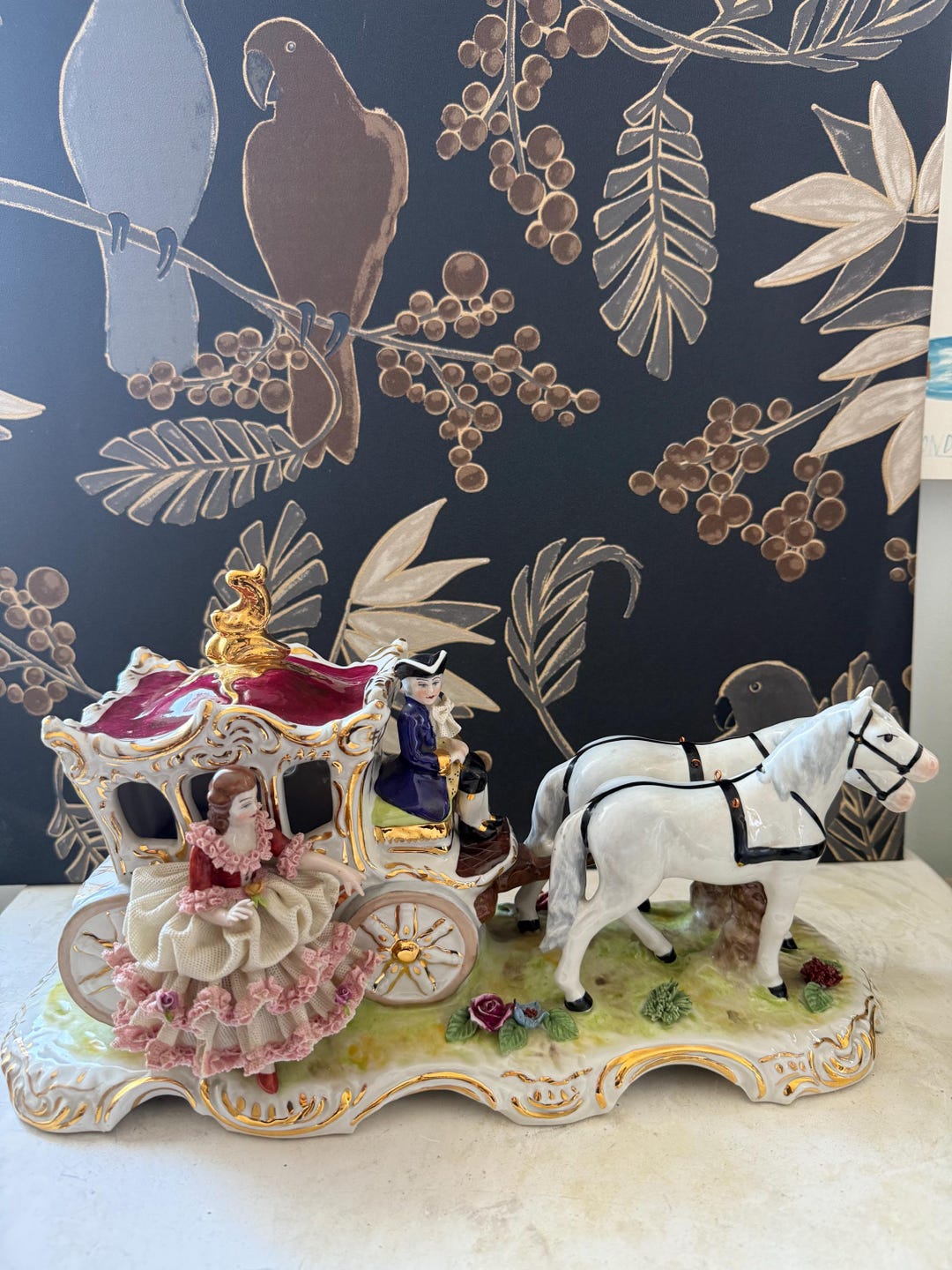 Vintage Dresden Lace Porcelain Carriage Figurine: Rococo Gold Gilding ...