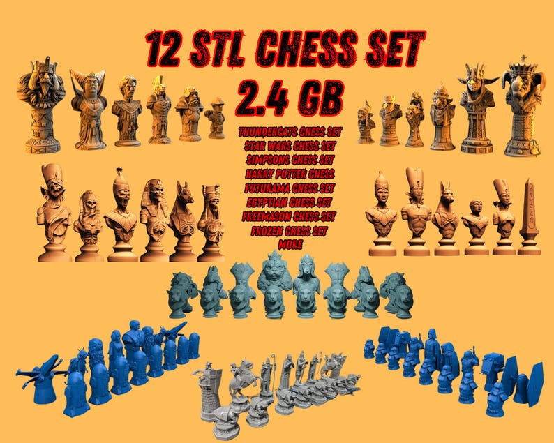 12 Pcs 3D STL Chess Set Model - Digital Files for 3D Printing | 3D ...