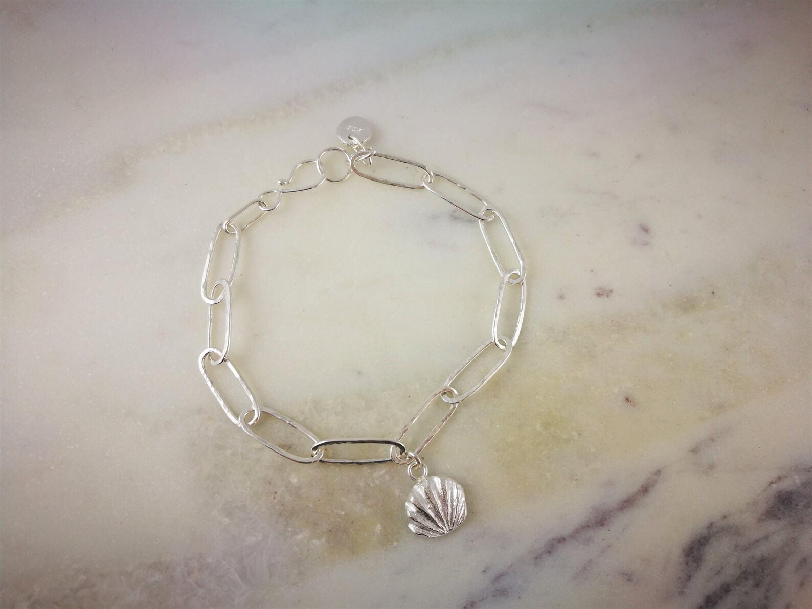 Handmade Sterling Silver Hammered Chain Bracelet, Silver Shell Bracelet ...