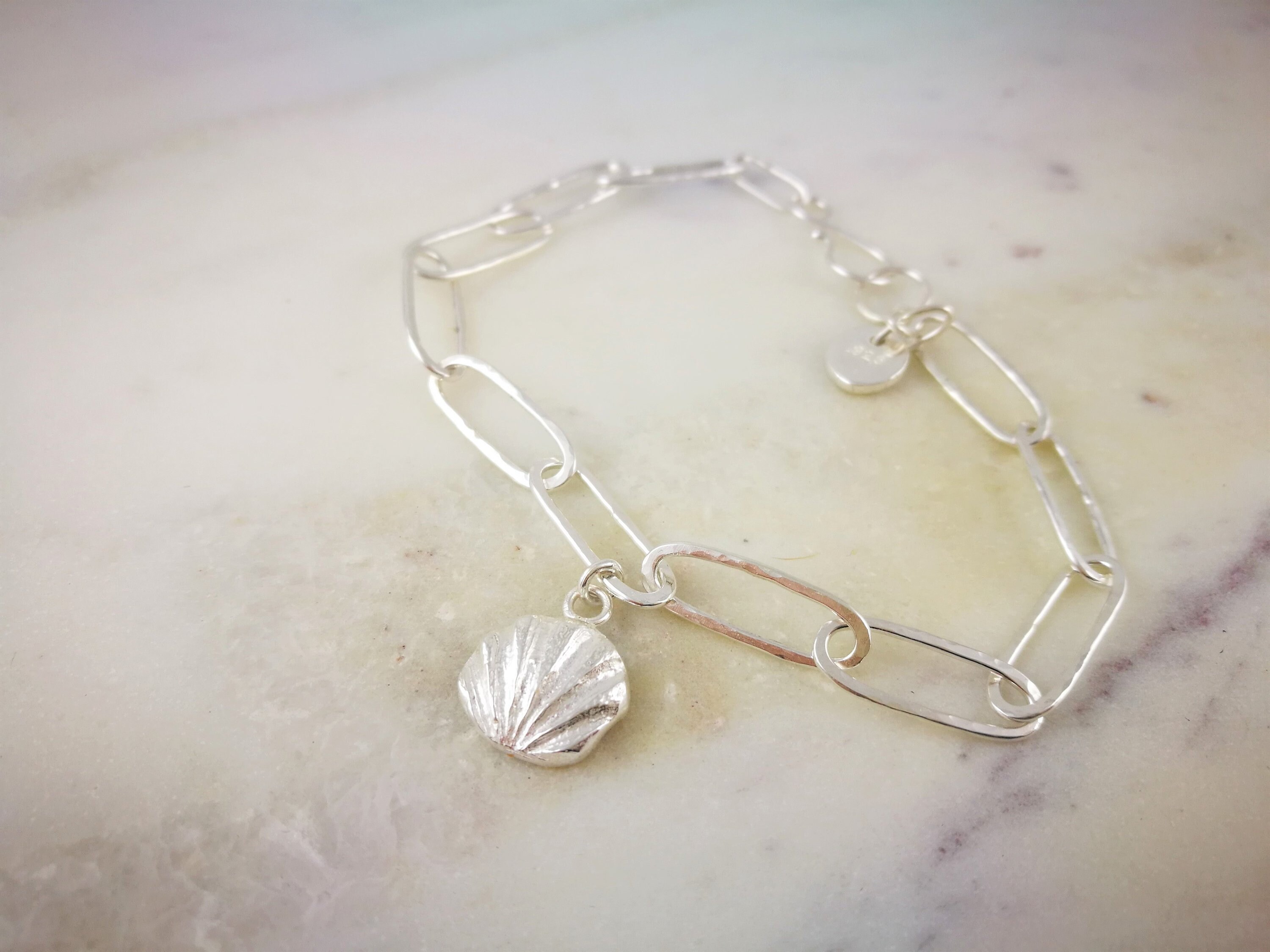 Handmade Sterling Silver Hammered Chain Bracelet, Silver Shell Bracelet ...