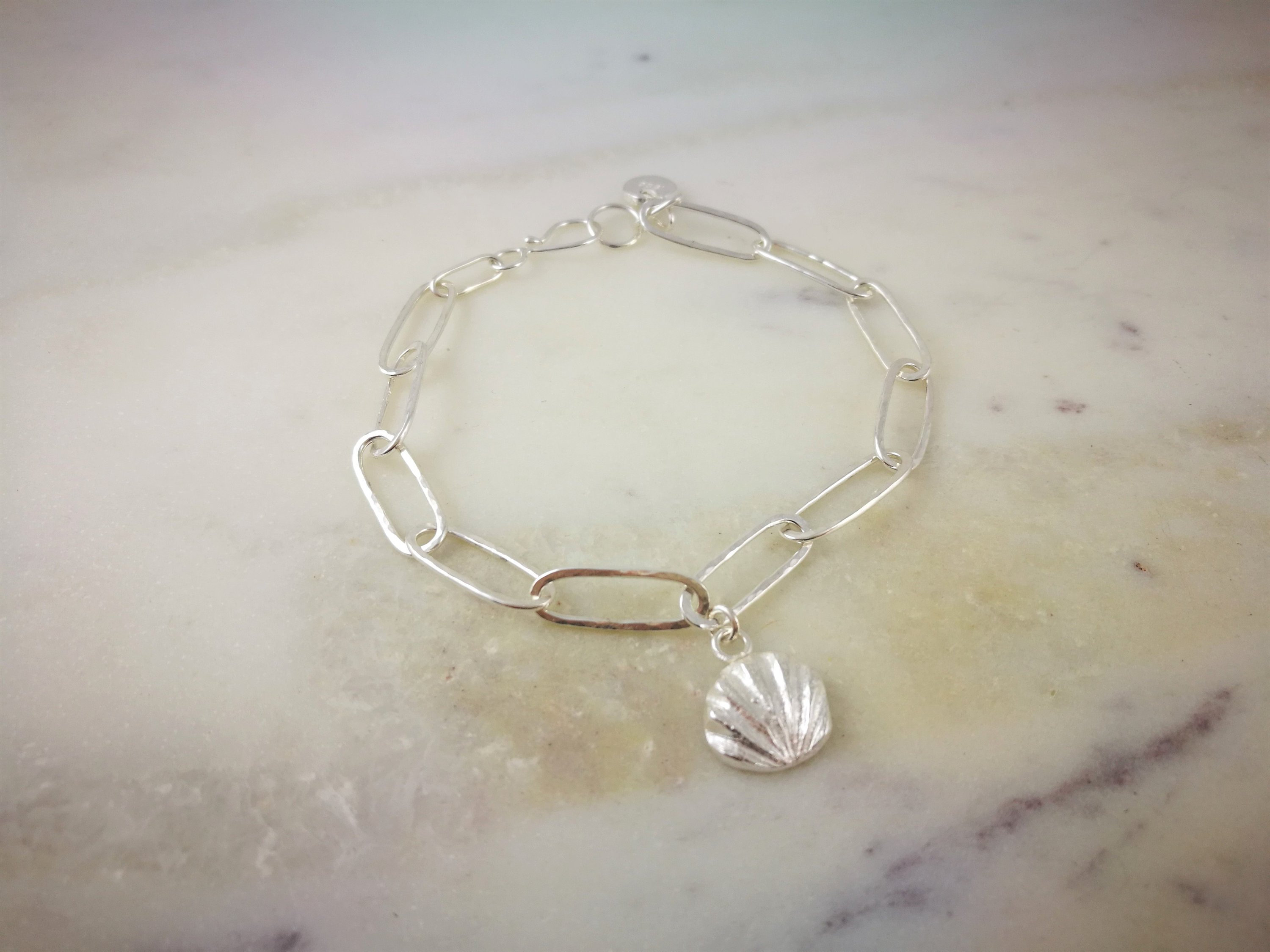 Handmade Sterling Silver Hammered Chain Bracelet, Silver Shell Bracelet ...