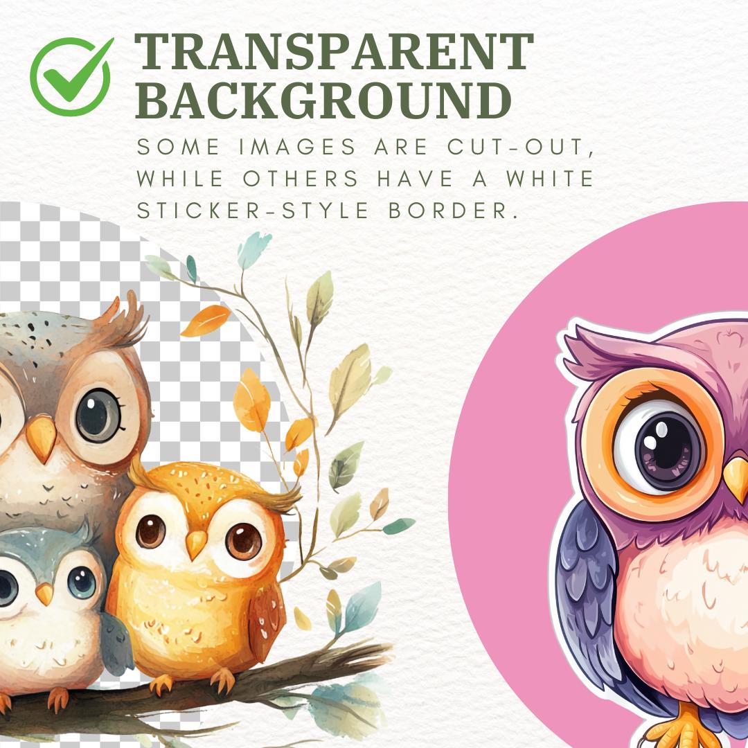 20 Cute Owl PNG Clipart Pack - Watercolor Birds and Animals for Instant ...