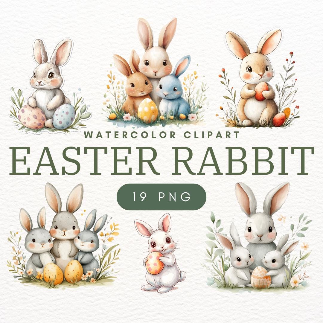 19 Watercolor Easter Rabbit Clipart PNG - Cute Easter Bunny Graphic ...