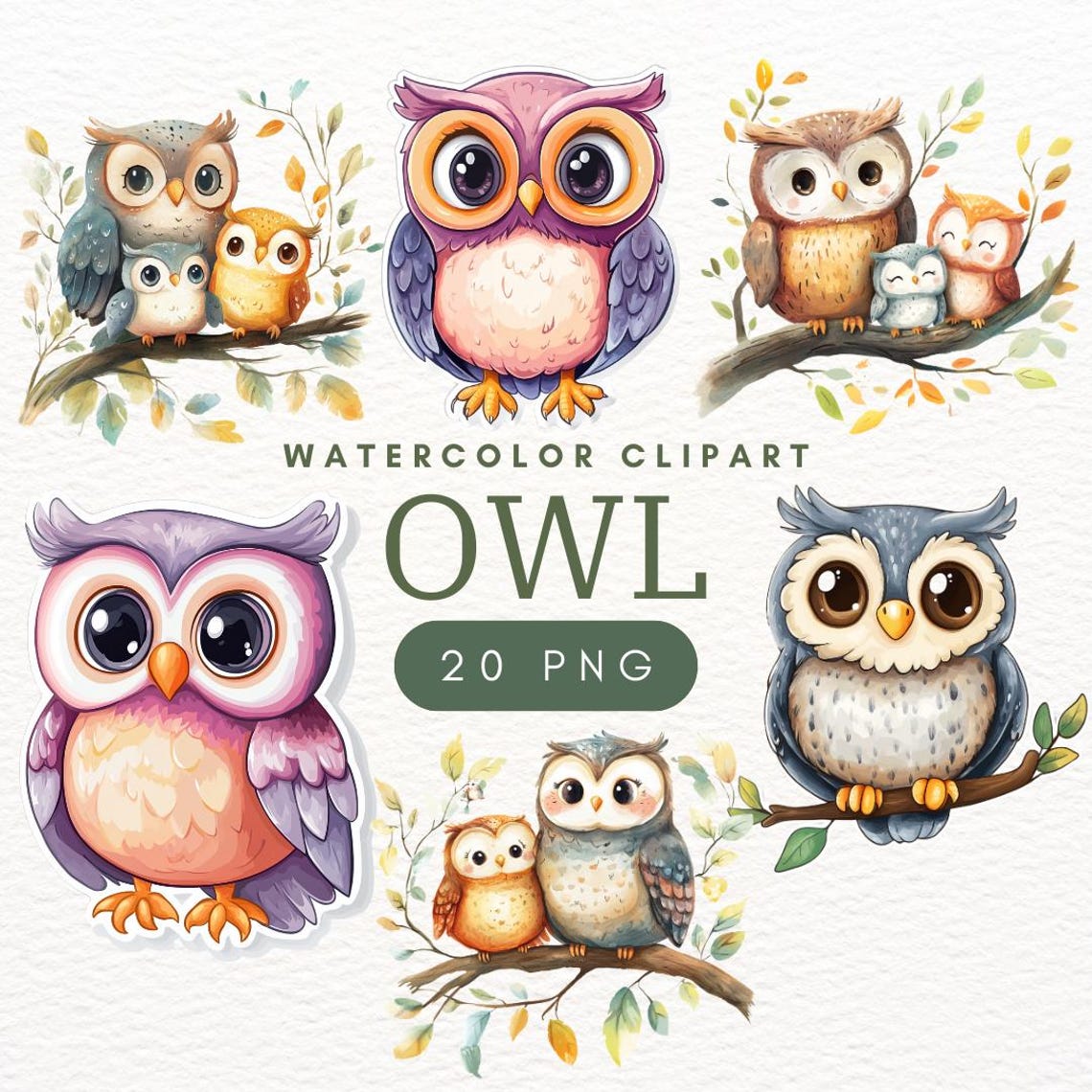 20 Cute Owl PNG Clipart Pack - Watercolor Birds and Animals for Instant ...