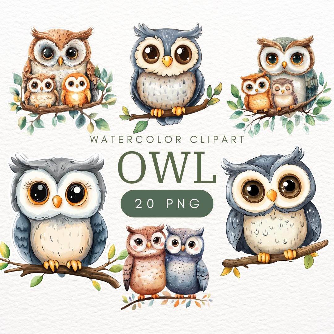 20 Cute Owl PNG Clipart Pack - Watercolor Birds and Animals for Instant ...