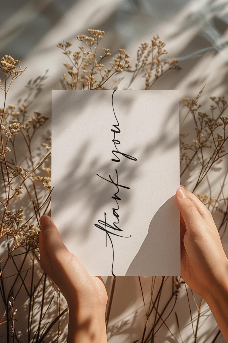 Minimalist Vertical Thank You Card – Elegant Black Script Handwritten ...