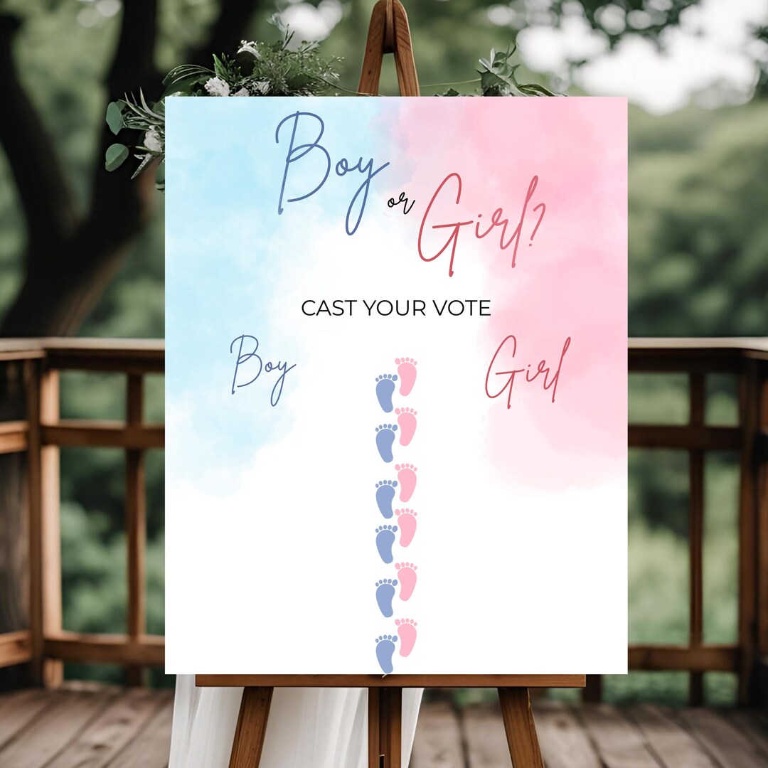 Gender Reveal Guessing Game Board, Pink Blue Baby Footprint Vote Sign ...