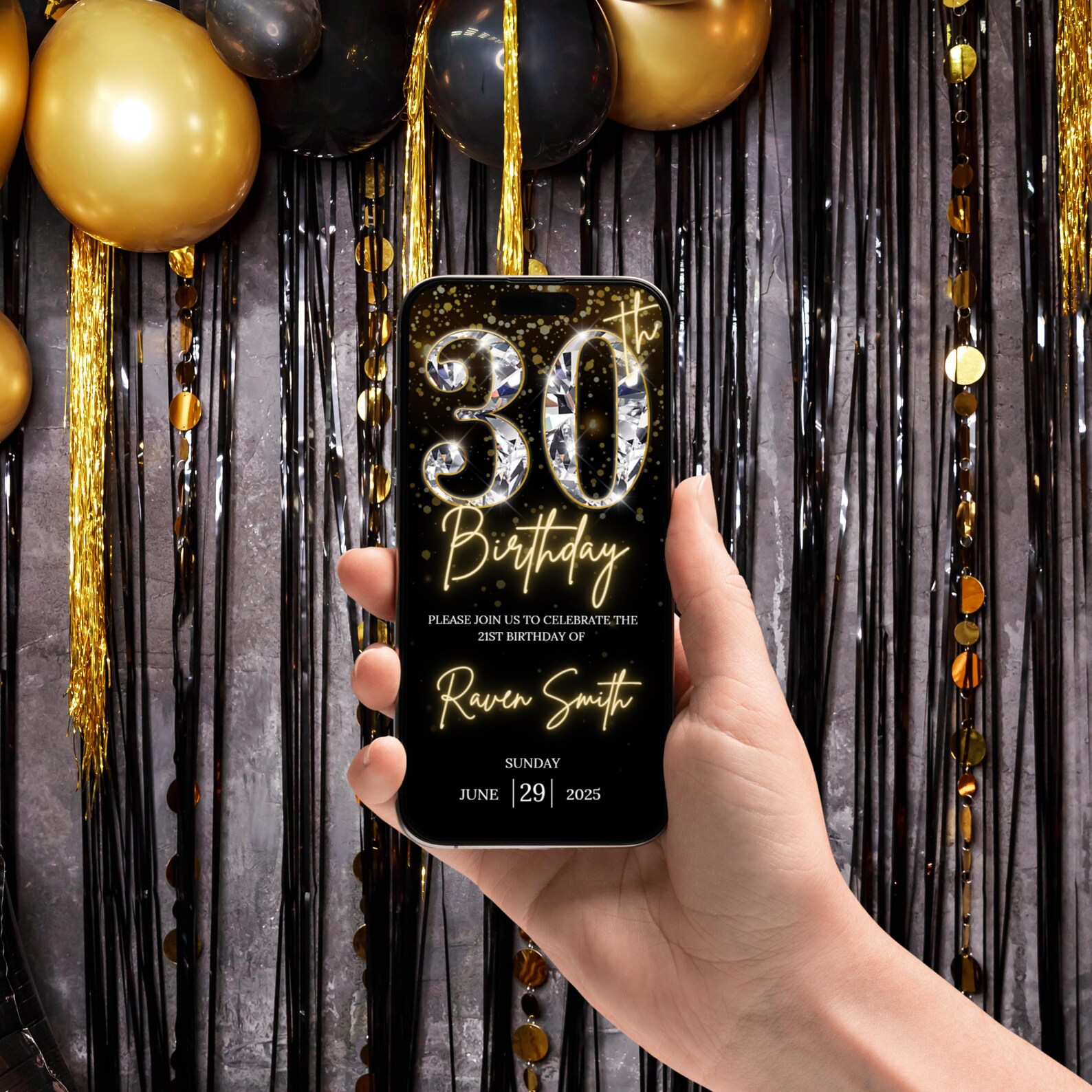 30th Birthday Animated Invitation | Black Gold Silver Diamond Evite ...