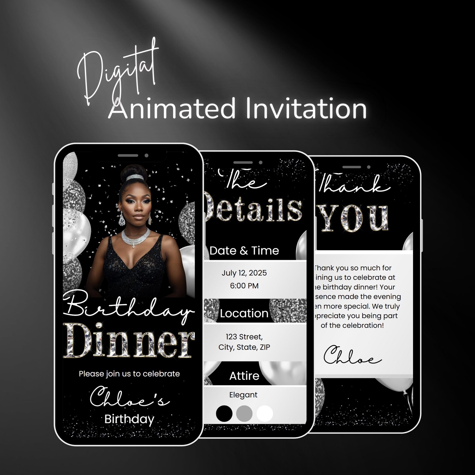 Animated Birthday Dinner Invitation Video | DIY Luxury Silver Party ...