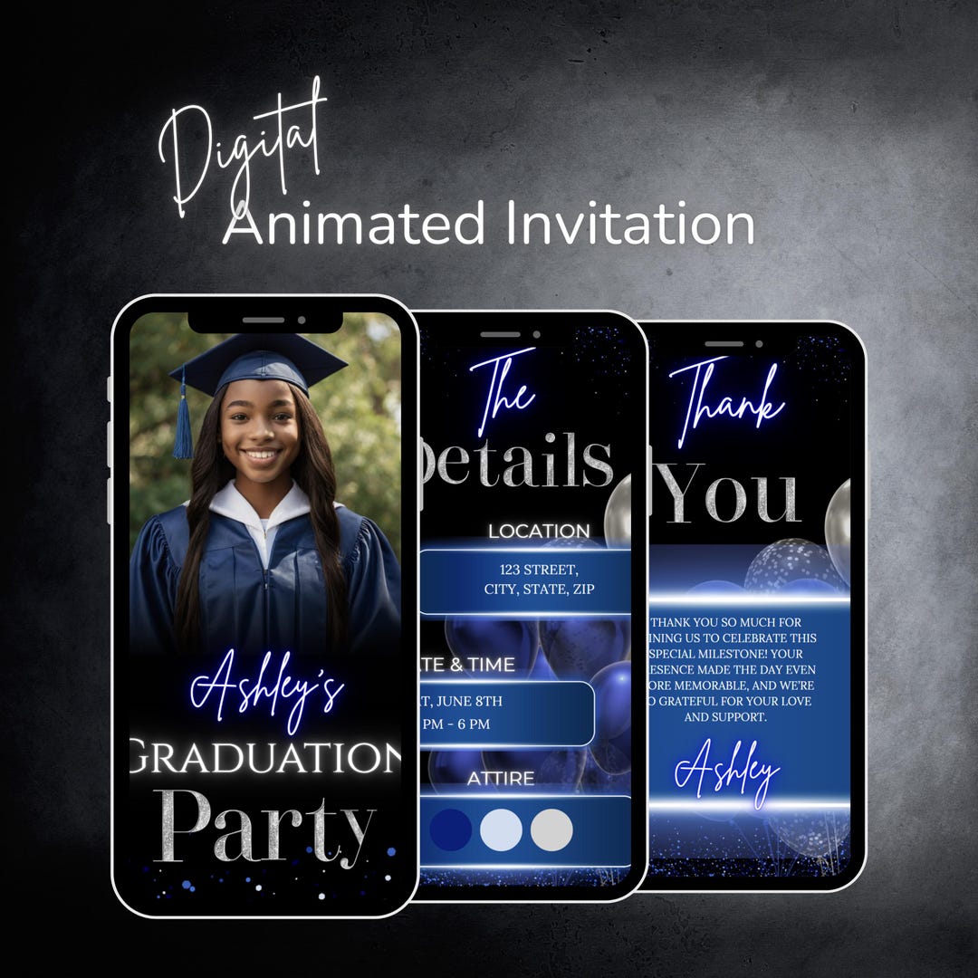 Graduation Party Invitation Canva Template Blue Silver | Editable ...