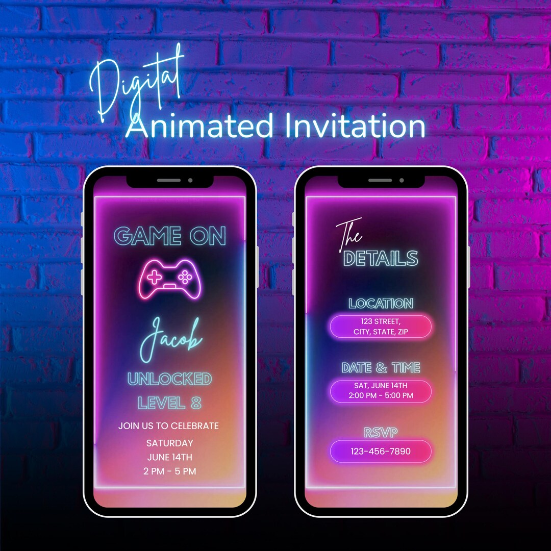 Game on Birthday Invitation Template – Neon Video Game Party Invite for ...