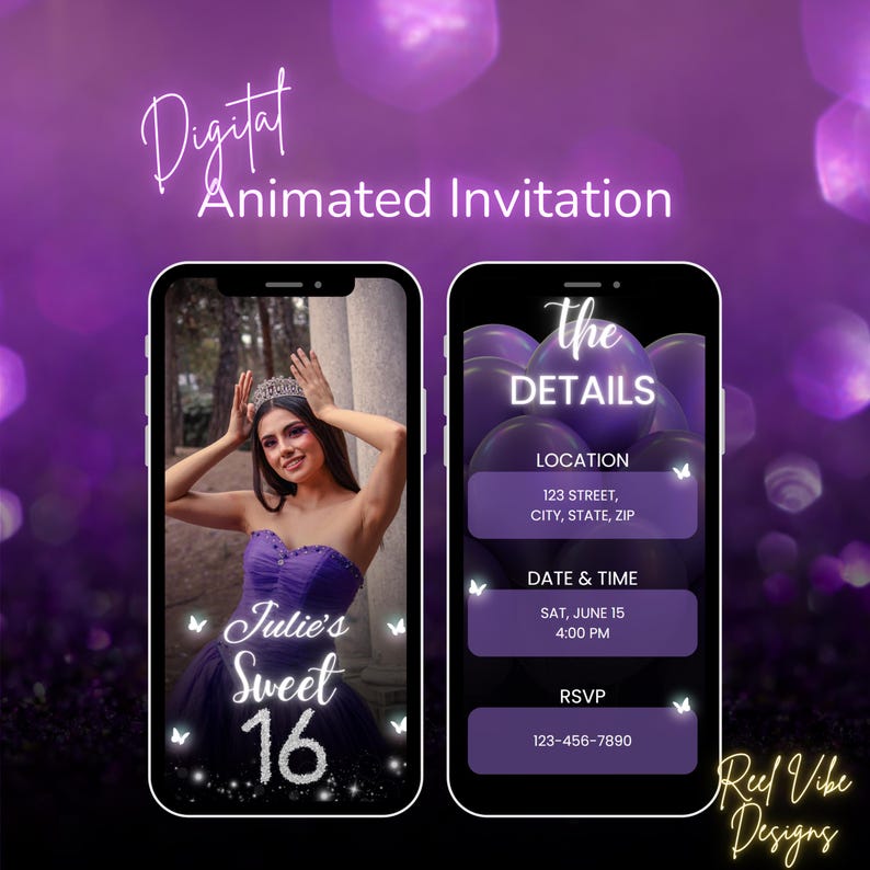 Purple Sweet 16 Animated Invitation, Digital Sweet Sixteen Birthday ...