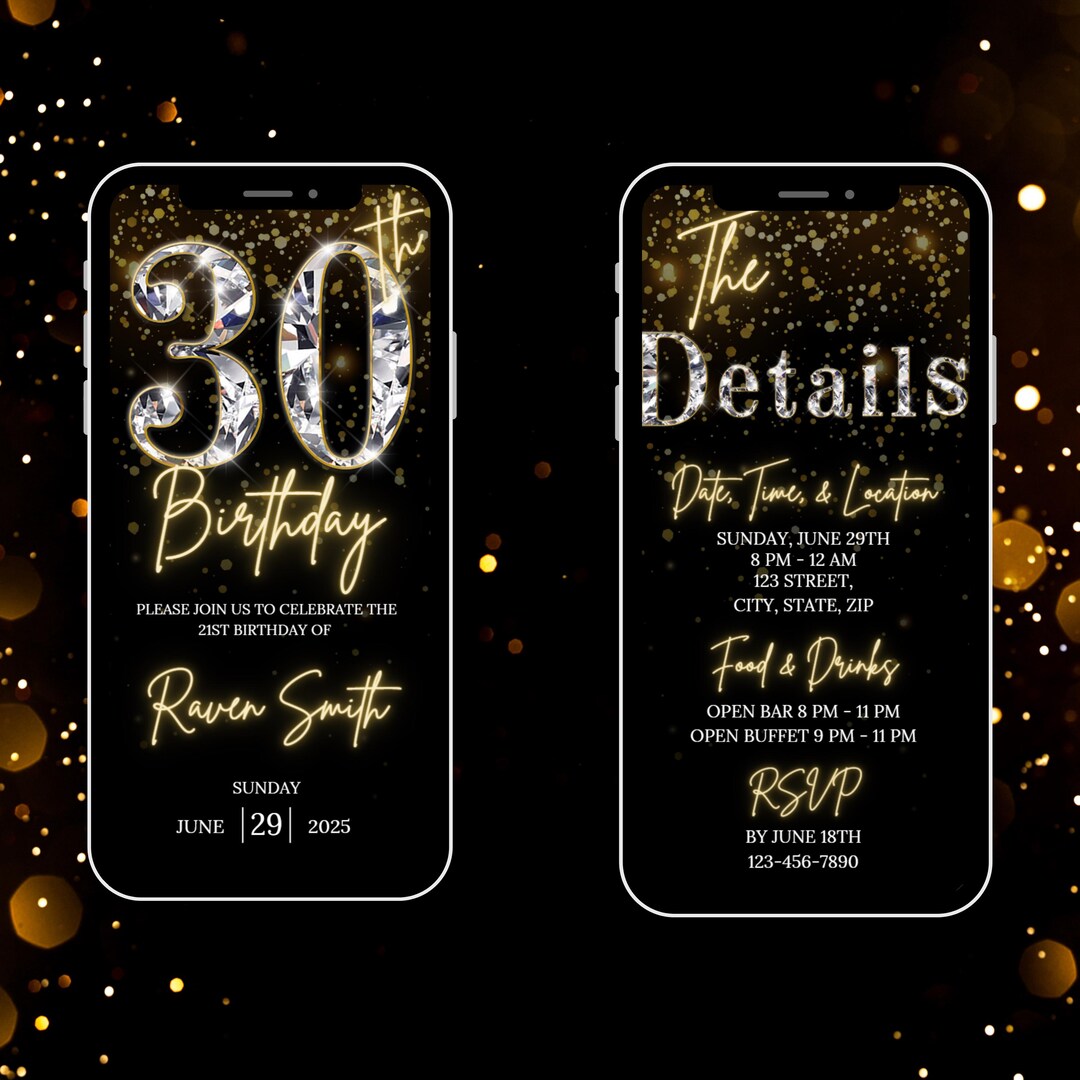 30th Birthday Animated Invitation | Black Gold Silver Diamond Evite ...