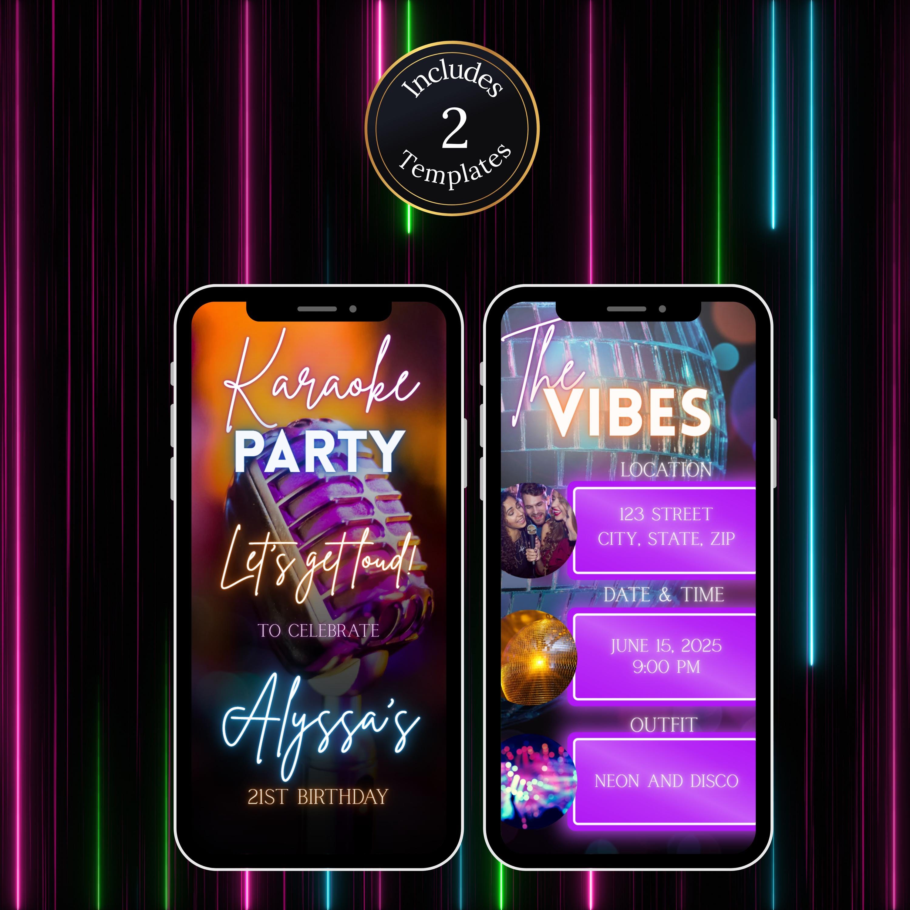 Karaoke Party Invitation Video Template – Editable Neon Animated Canva ...