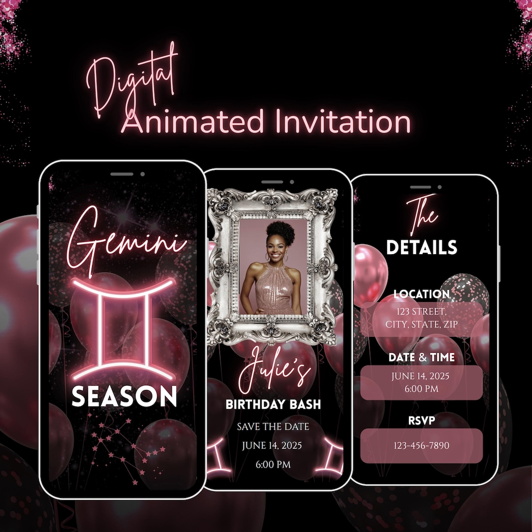 Editable Pink Gemini Birthday Invitation Template, Digital Zodiac Party ...