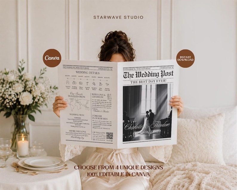 4 Wedding Newspaper Templates | Printable Ceremony Program, Editable ...