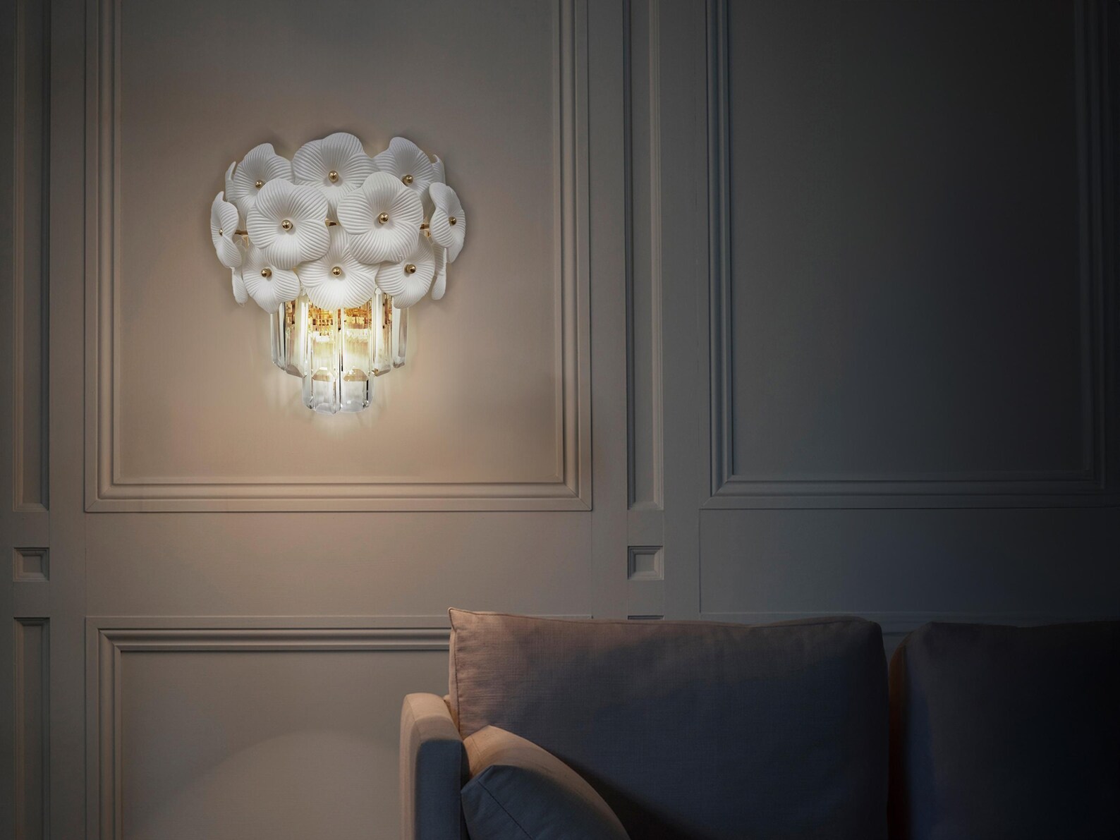 White Floral Wall Light – Elegant Crystal & Gold Wall Light for Bedroom ...