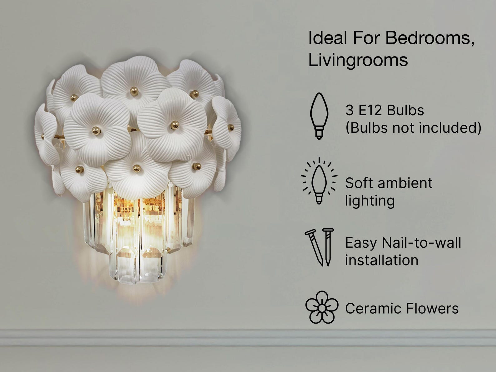 White Floral Wall Light – Elegant Crystal & Gold Wall Light for Bedroom ...