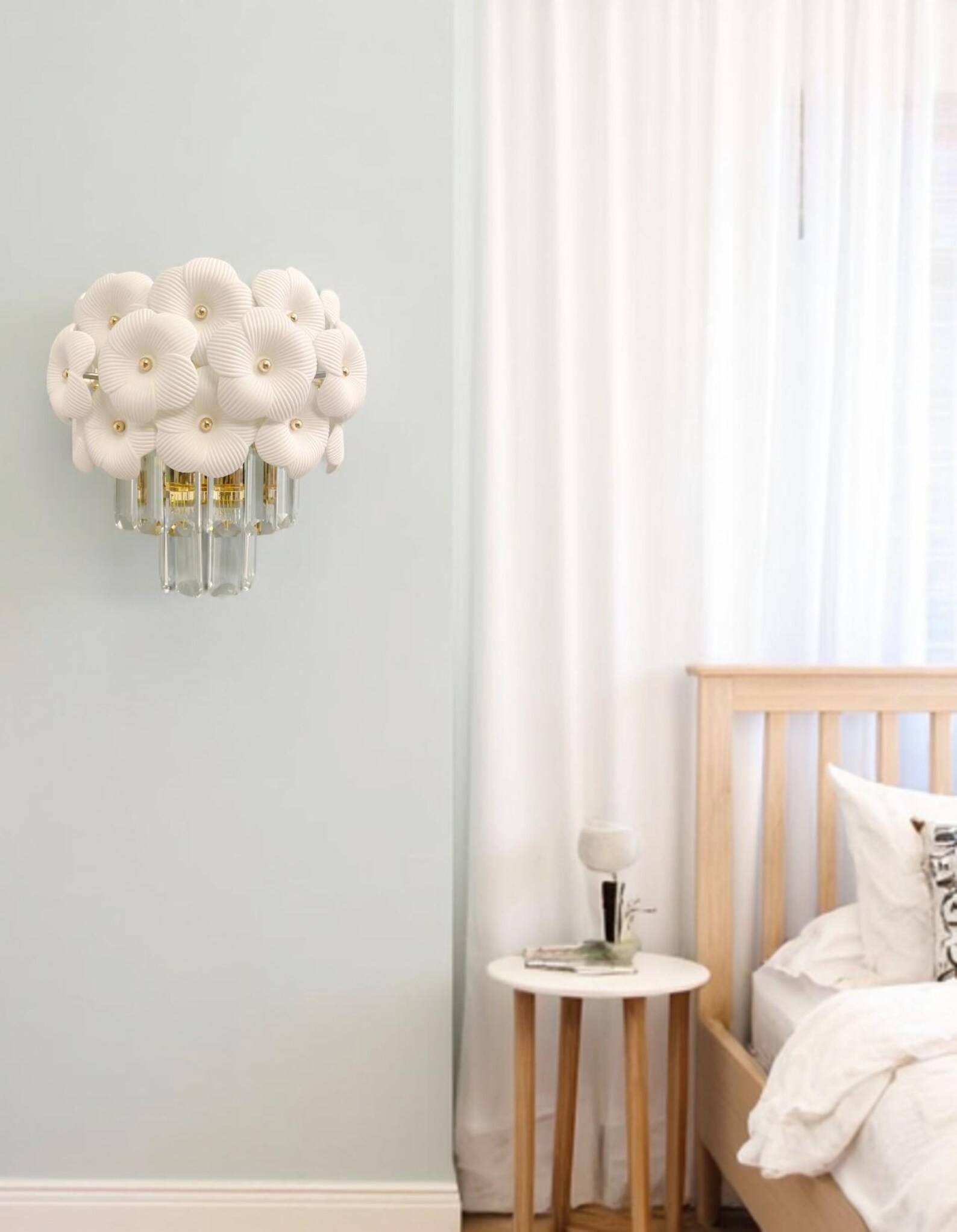 White Floral Wall Light – Elegant Crystal & Gold Wall Light for Bedroom ...