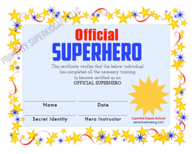 SUPERHERO CERTIFICATE Instant PRINTABLE Download and Print This ...