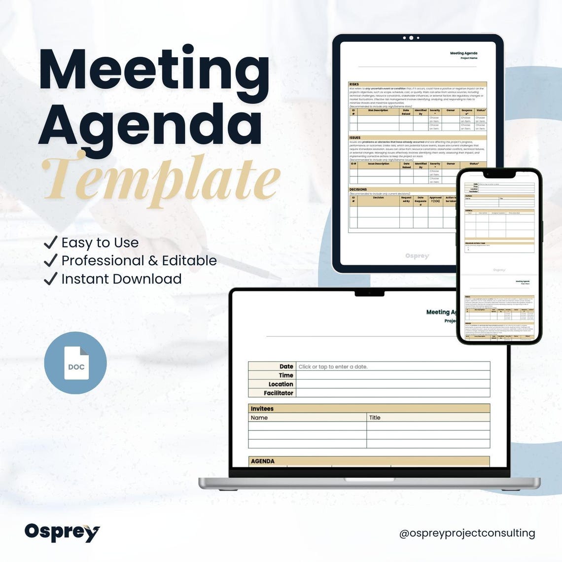 Editable Meeting Agenda Template | Digital Download | Professional ...