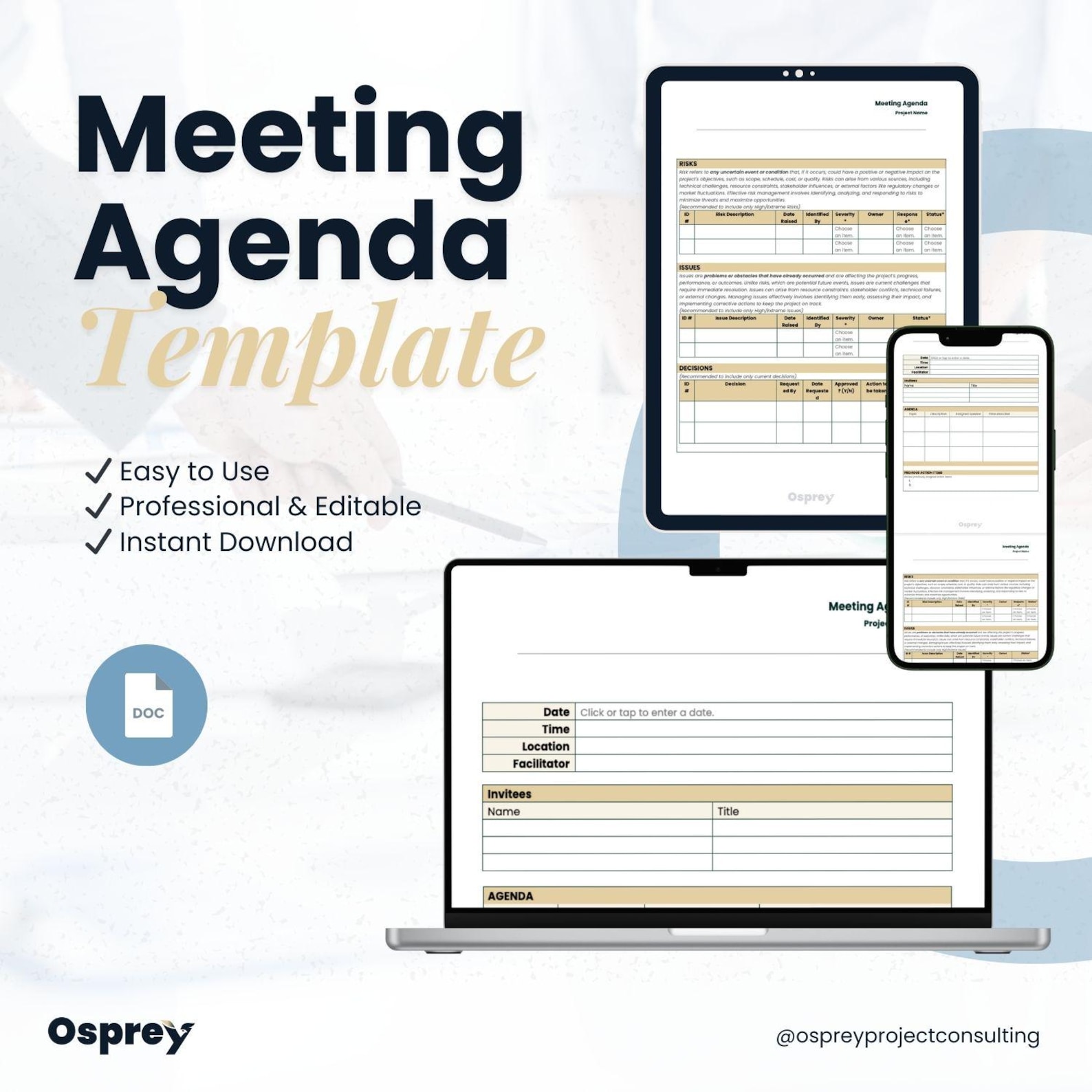 Editable Meeting Agenda Template | Digital Download | Professional ...