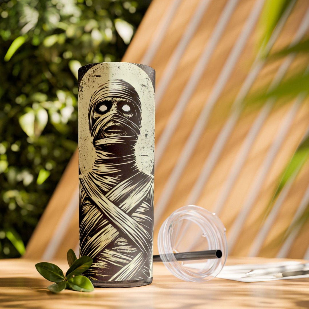 Mummy Skinny Tumbler With Straw 20oz Classic Horror Movie Cup Black and ...