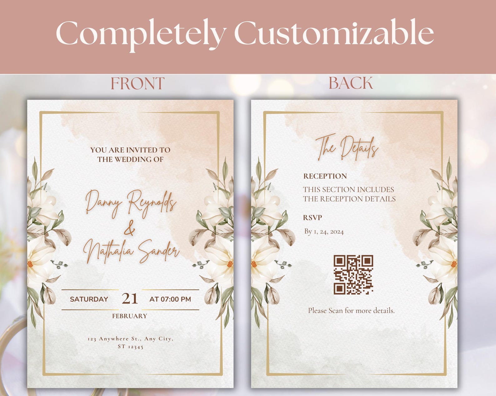 Wedding Invitation Template With QR Wedding Invitation With Flowers ...