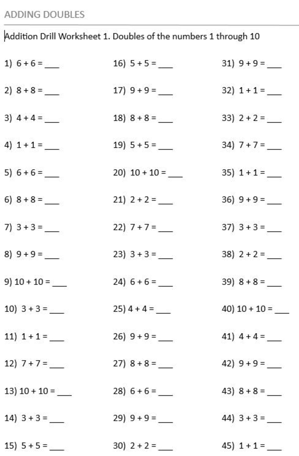 Printable Double Addition Worksheets | Math Practice for Kids | Instant ...
