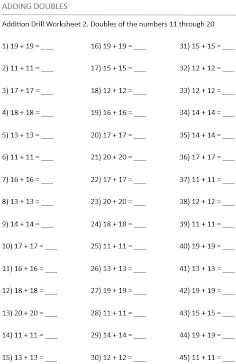 Printable Double Addition Worksheets | Math Practice for Kids | Instant ...