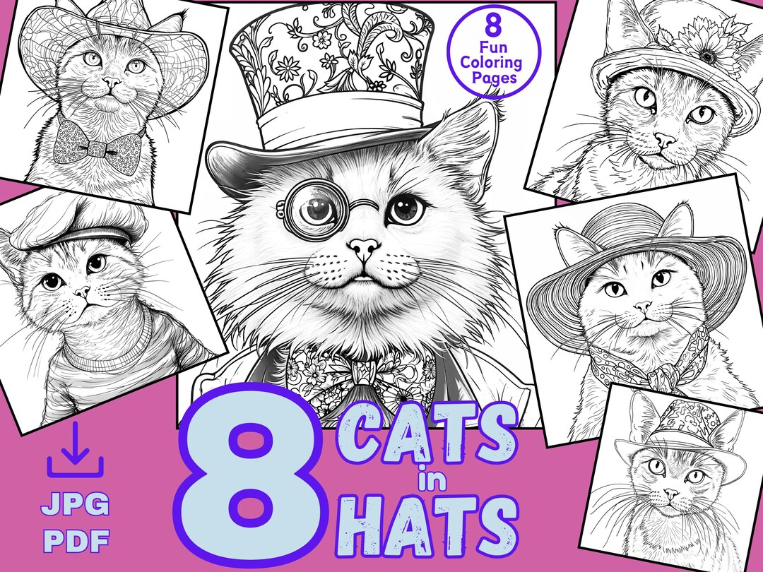Cats in Hats Coloring Pages: 8 Printable Fun Coloring Pages for Adults ...