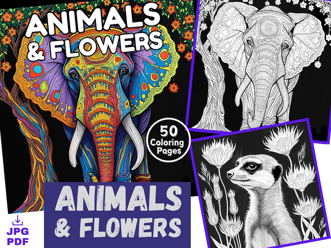 Animals & Flowers Coloring Pages: 50 Relaxing Designs (digital Download ...