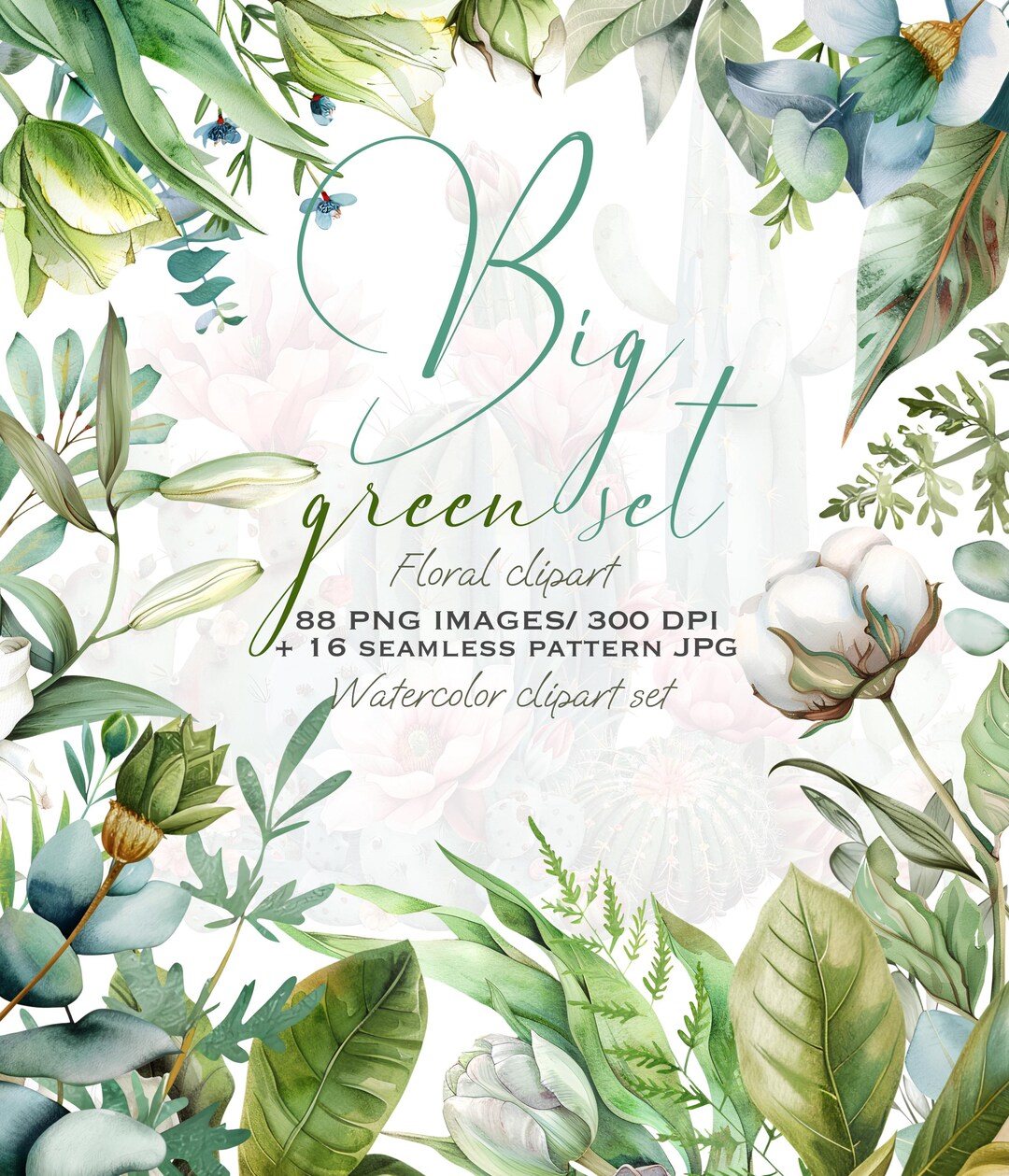 Watercolor Botanical Clipart Bundle: Eucalyptus, Cotton, Wild Leaves ...