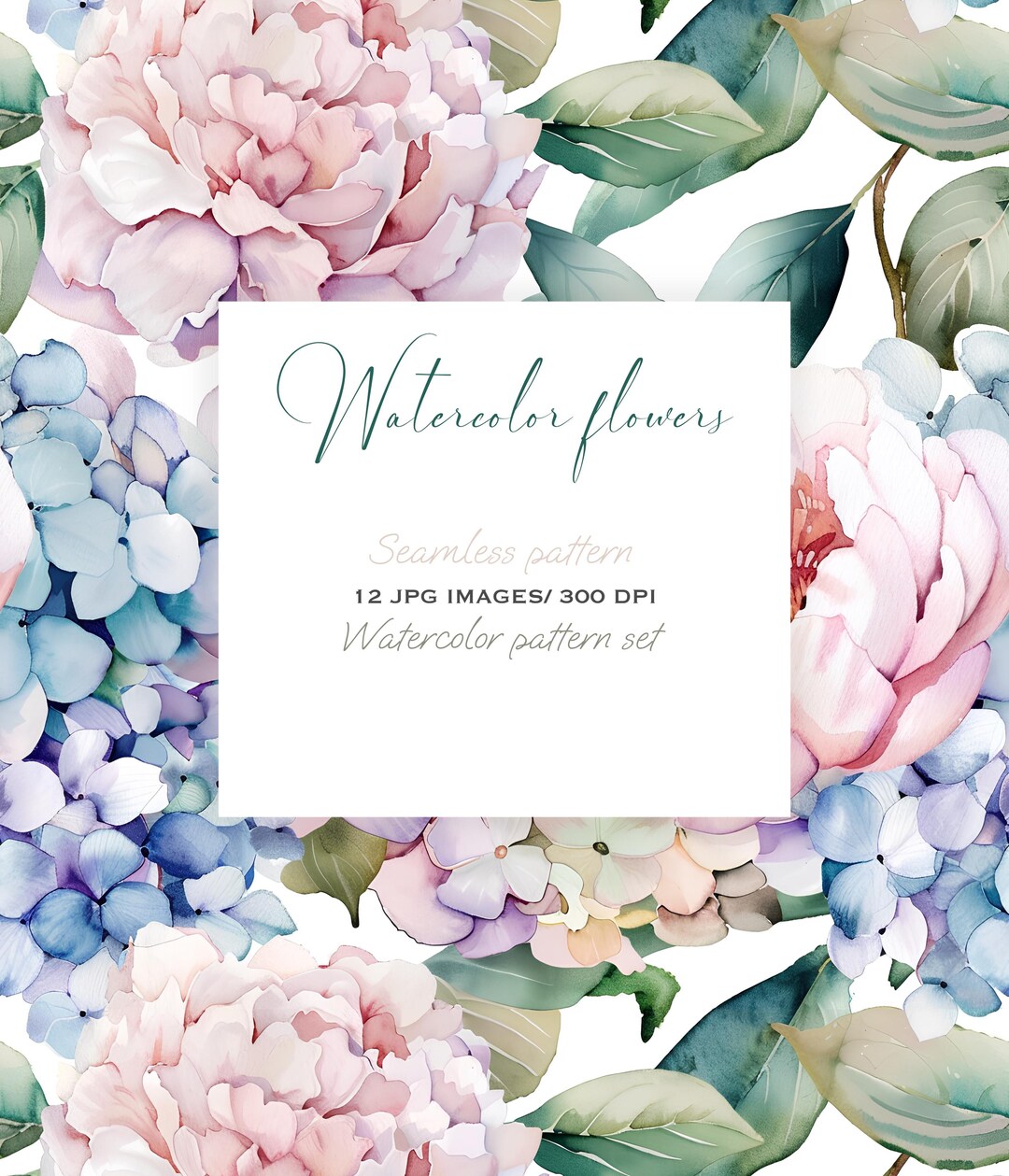 Romantic Watercolor Floral Seamless Pattern: Roses and Hydrangeas for ...