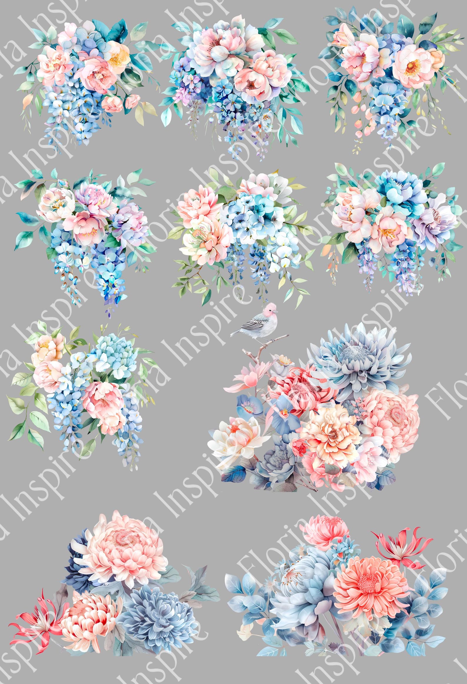 Blue Watercolor Floral Clipart Bundle: 66 PNG Elements & 8 Seamless ...