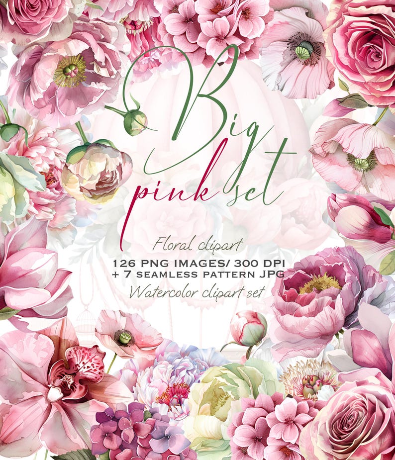 Watercolor Floral Clipart: 126 PNG Flowers & 7 Seamless Patterns for ...
