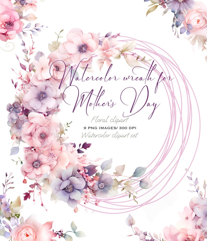 Soft Pastel Watercolor Floral Wreath Clipart for Mother's Day, Wedding ...