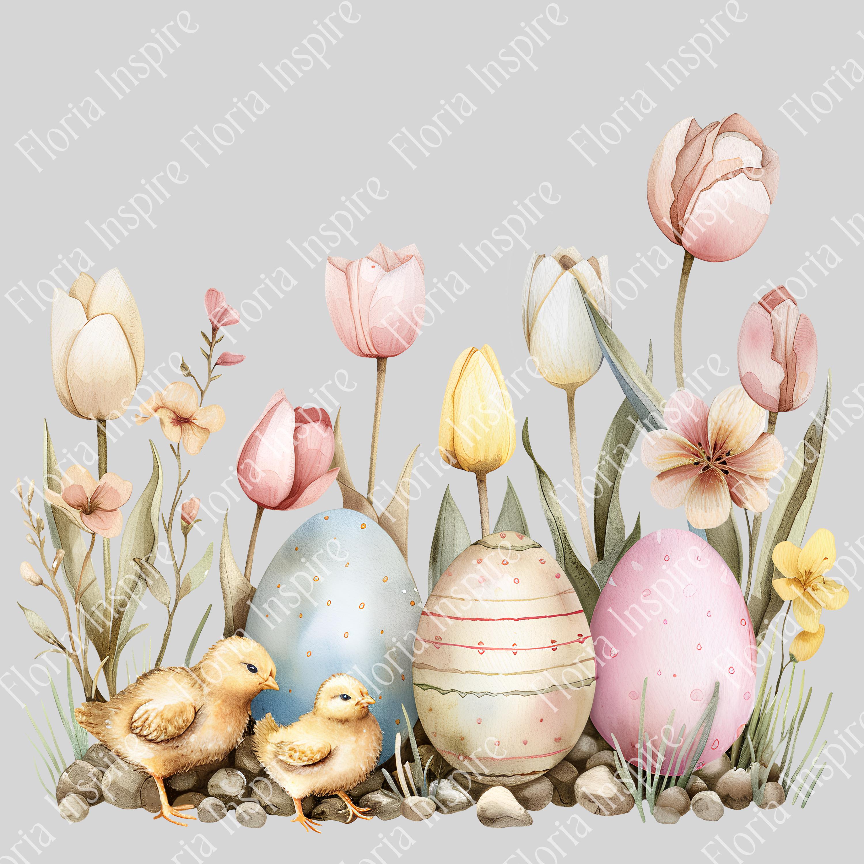 Watercolor Easter Tulips & Eggs Clipart Set: Digital Borders for Spring ...