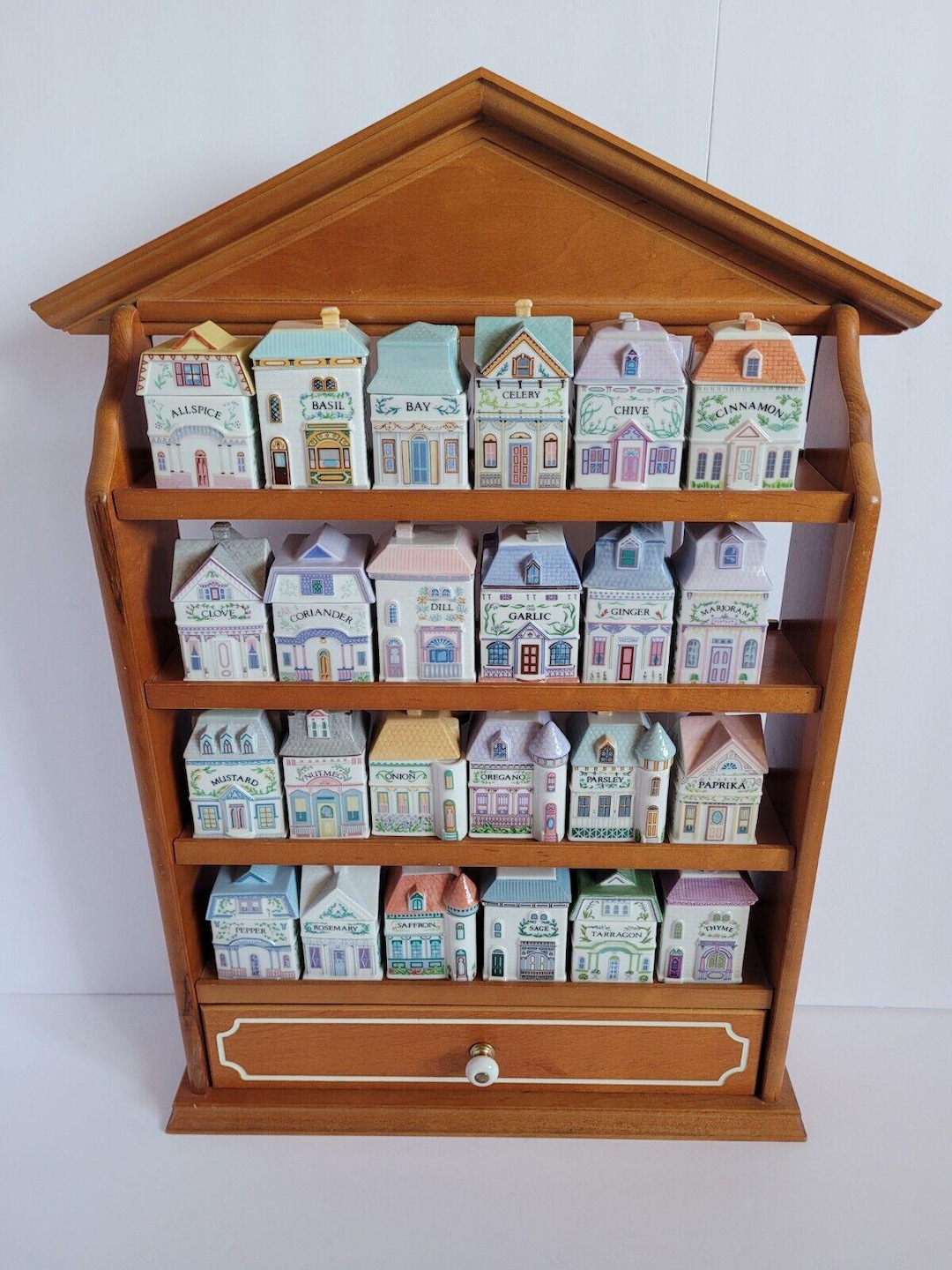 Vintage 1989 Lenox Spice Village Set of 24 Spice Jar Houses With Wooden ...